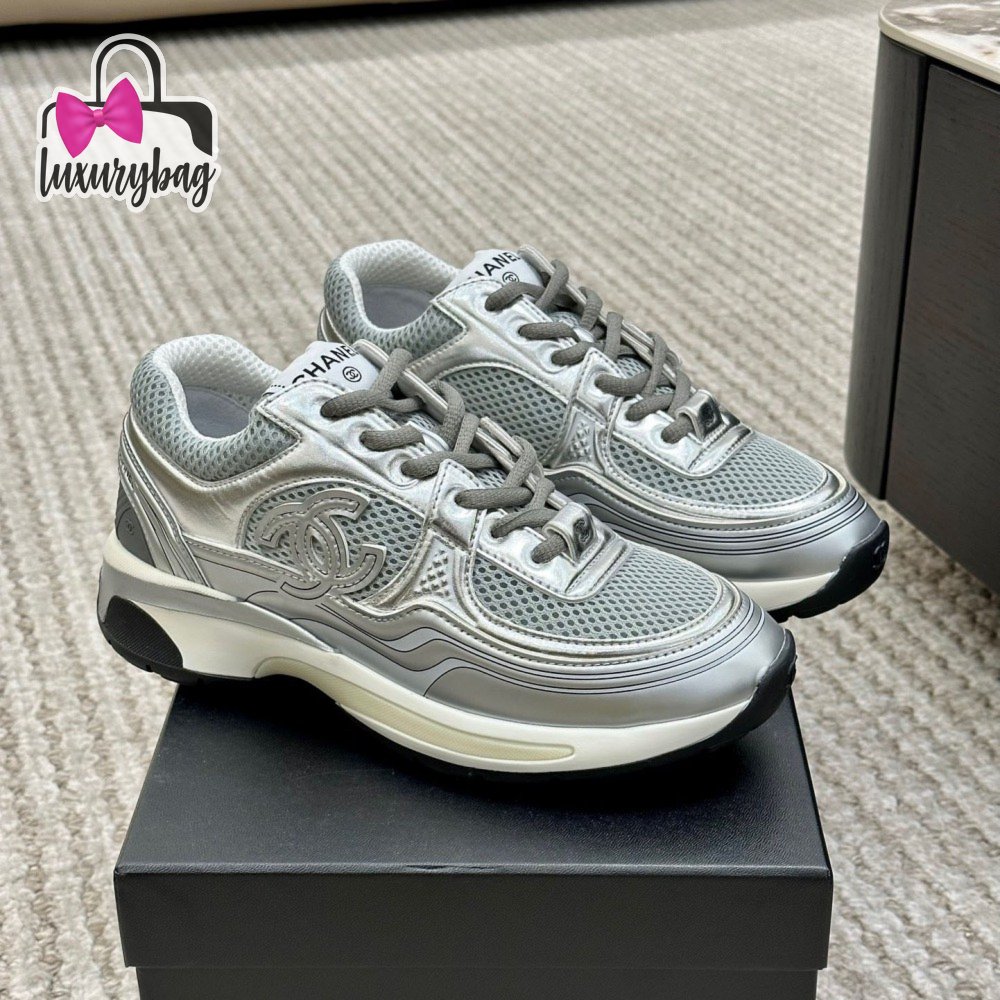 Chanel 23C Gray Silver Metallic CC Logo Lace Up Flat Runner Trainer ...