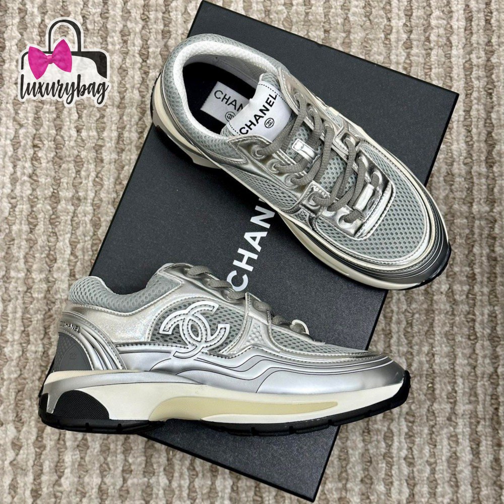 Chanel 23C Gray Silver Metallic CC Logo Lace Up Flat Runner Trainer ...
