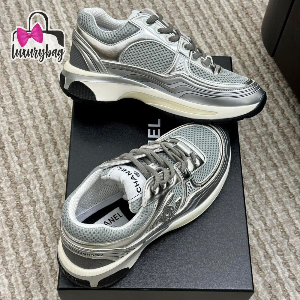 Chanel 23C Gray Silver Metallic CC Logo Lace Up Flat Runner Trainer ...